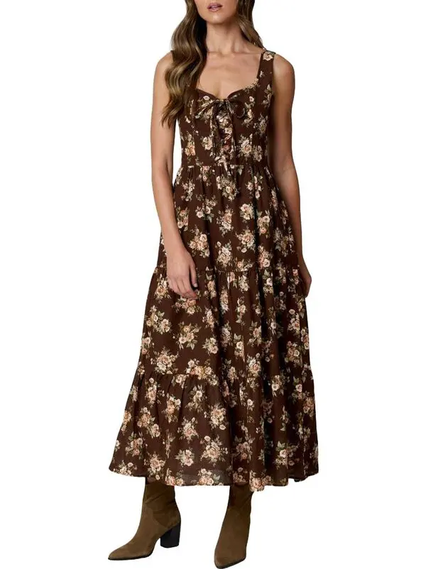 BLU PEPPER Tie Front Floral Midi Dress - Brown Multi