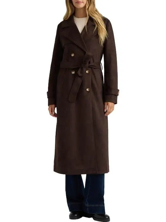 NVLT Faux Suede Double Breasted Longline Coat - Espresso