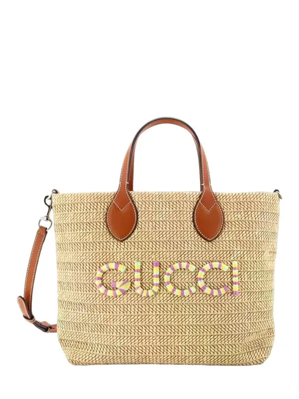 Gucci Logo Plaque Convertible Raffia Small Tote Bag - Neutrals