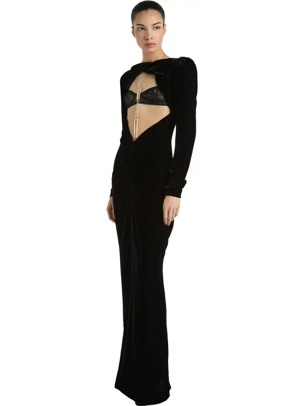 Balmain Long Velvet And Lace Dress - Black