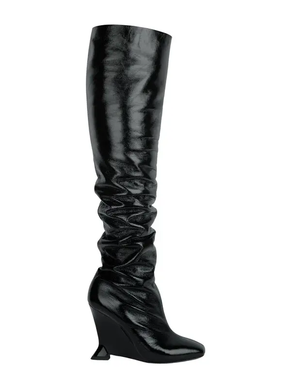 Balmain Thigh-high Wedge Boots In Crinkled Patent Leather - Black