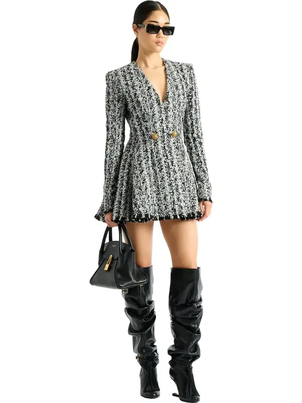 Balmain Two-tone Flared Tweed Dress - Black