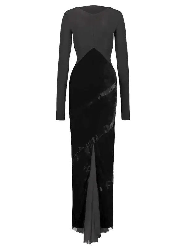 Rick Owens Long-sleeved Maxi Dress With Velvet Inserts - Black