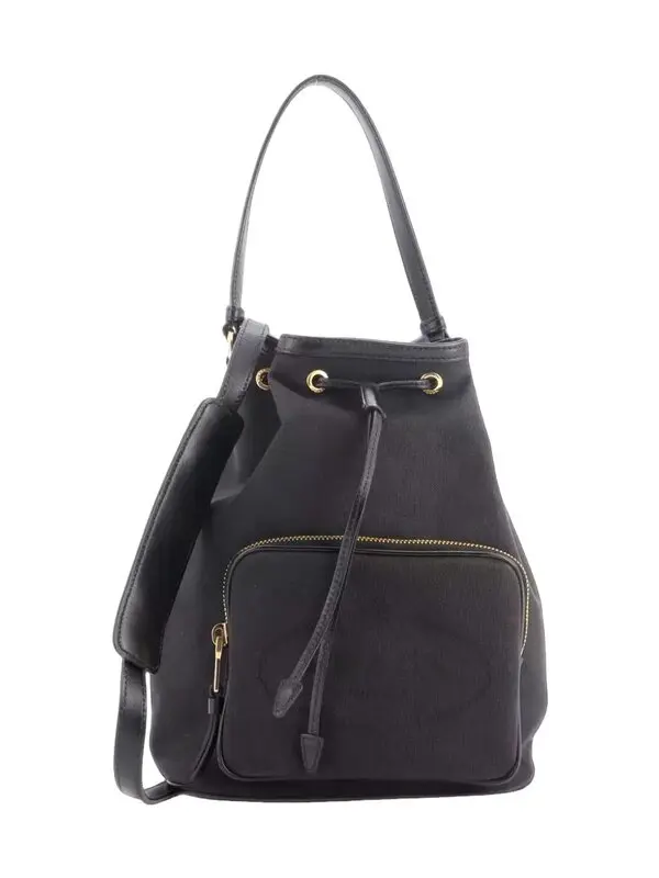 Prada Logo Drawstring Canvas Bucket Bag - Black