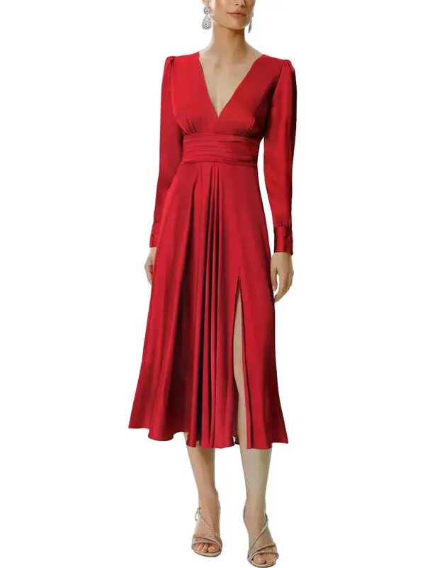 FRAMBOISE Yuno V-neck Long-sleeve Midi Dress - Red