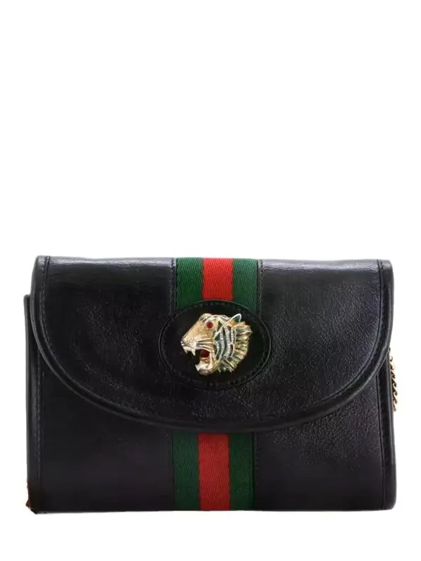 Gucci Rajah Web Chain Shoulder Bag Leather Mini Crossbody Bag - Black