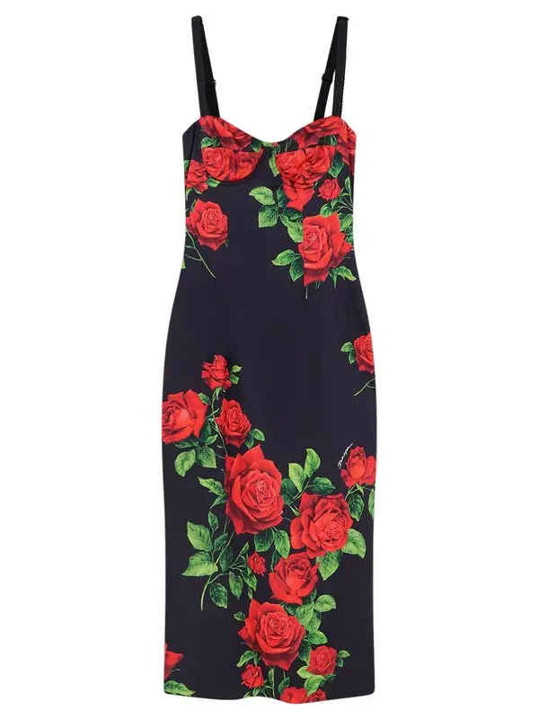 Dolce & Gabbana Stretch Silk Dress With Iconic Rose Print - Black