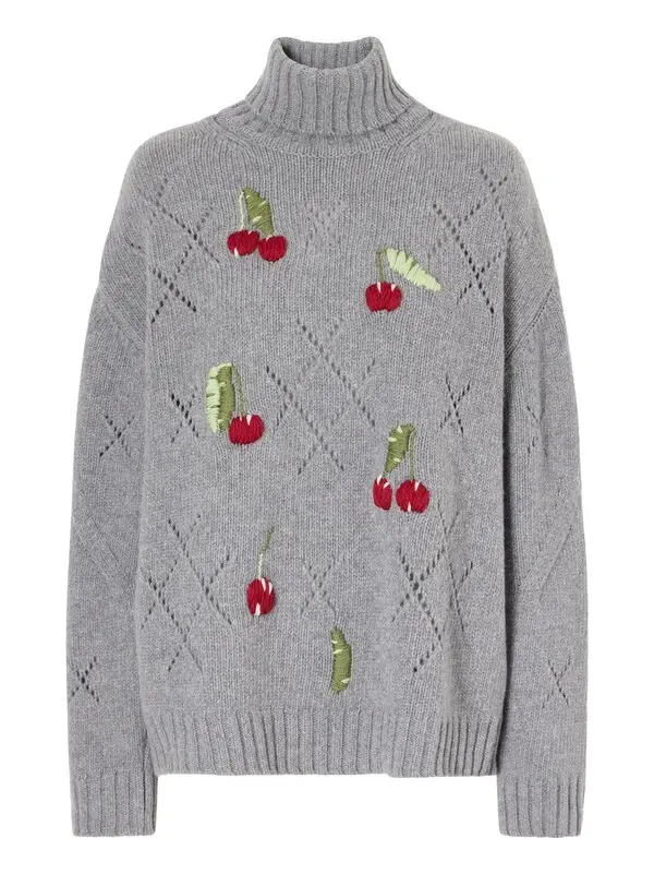 Bernadette Sharon Embroidered Pointelle-knit Wool Turtleneck Sweater - Gray