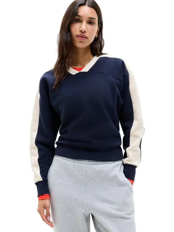 Athleta Forever Fleece V-neck Sweatshirt - Navy/bone