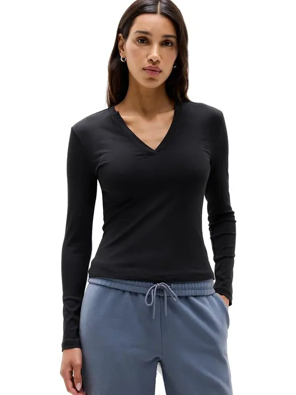 Athleta Signature Rib V-neck Top - Black