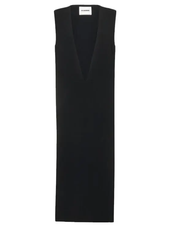 JIL SANDER Interlock Deep V Neck Midi Dress - Black