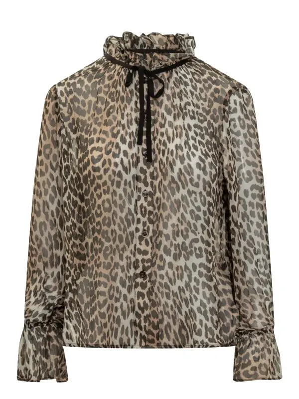 GANNI Leopard Printed Chiffon Tie String Shirt - Leopard Print