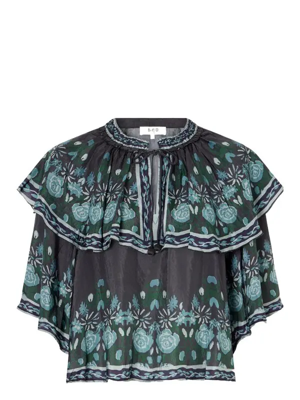 Sea Tulla Cape-detailed Printed Habotai Blouse - Black