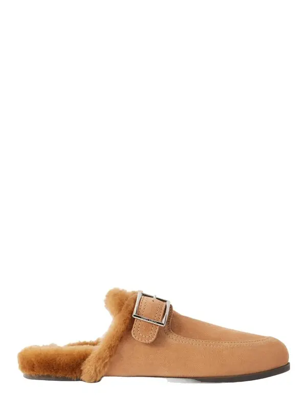 JIMMY CHOO Shearling-trimmed Suede Mules - Nude