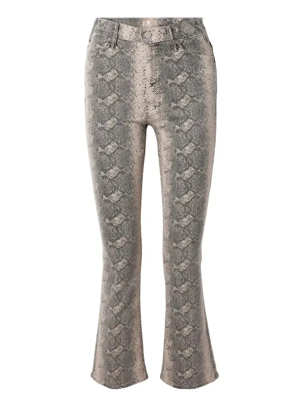 MOTHER Cropped Snake-print High-rise Flared Jeans - Gray