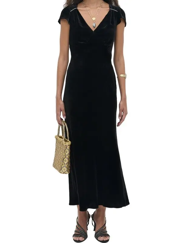 Rixo V-neck Velvet Midi Dress - Black