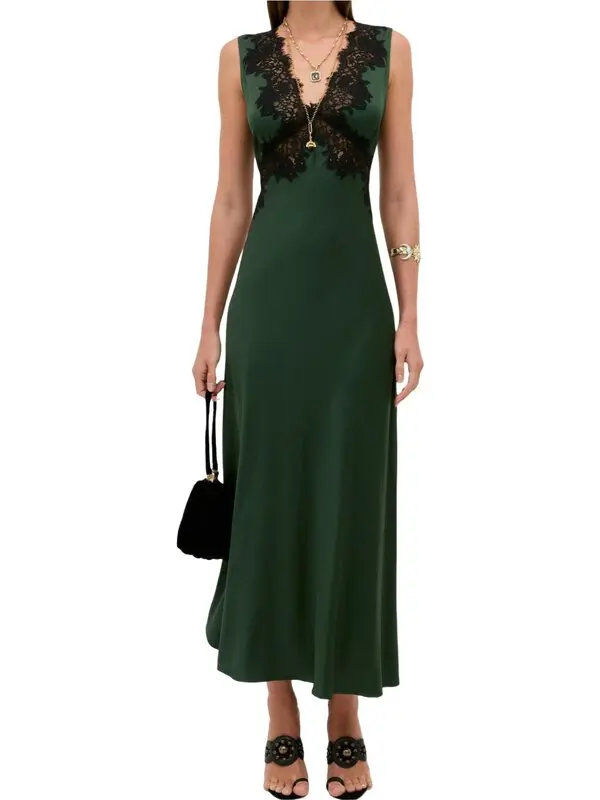 Rixo V-neck Lace Spliced Satin Maxi Dress - Black