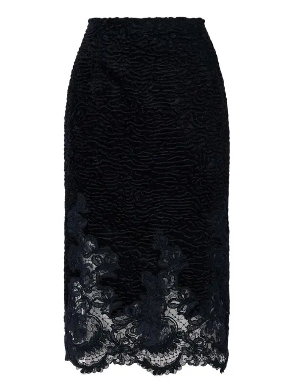 Ermanno Scervino Astrakhan-effect Velvet Midi Pencil Skirt With Embroidered Tulle Details - Black