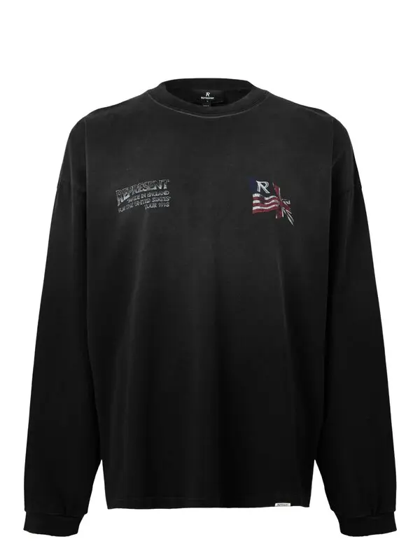 REPRESENT Washed Flag Print Crew Neck Long Sleeve Tee - Black