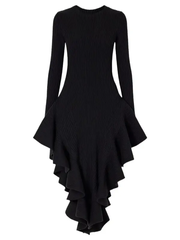 Alaïa Ruffled Ribbed Dress - Black