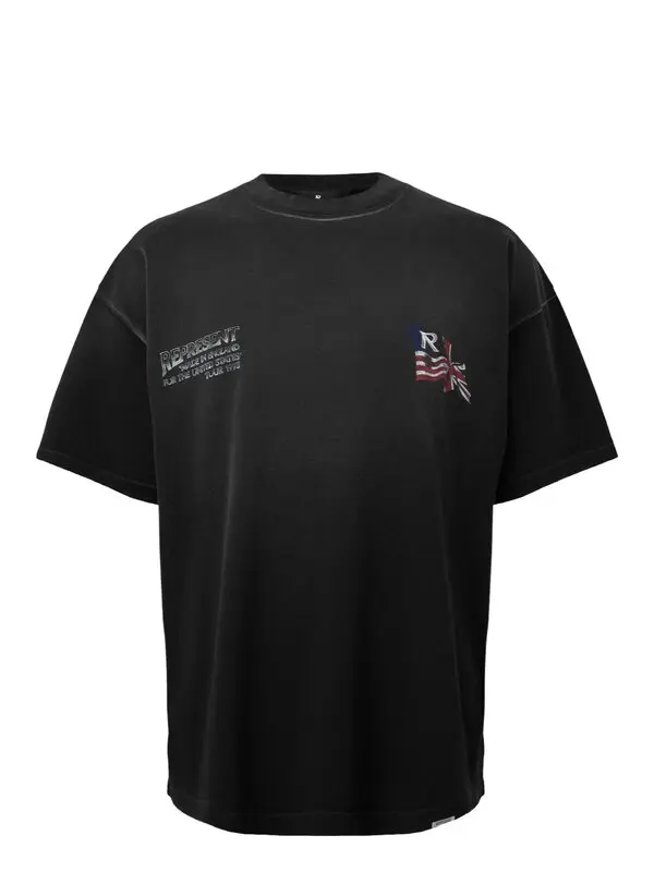 REPRESENT Washed Flag Print Crew Neck Short Sleeve Tee - Black