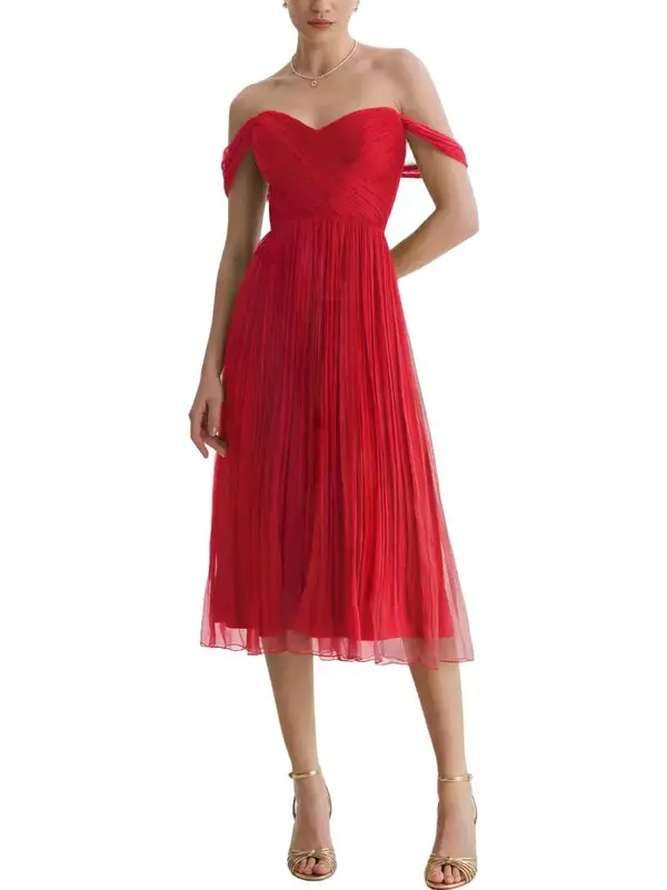 FRAMBOISE Cannelineoff-shoulder Pleated Midi Dress - Red