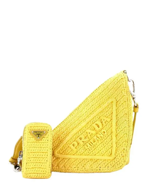 Prada Triangle Logo Zip Crochet Raffia Small Crossbody Bag - Yellow