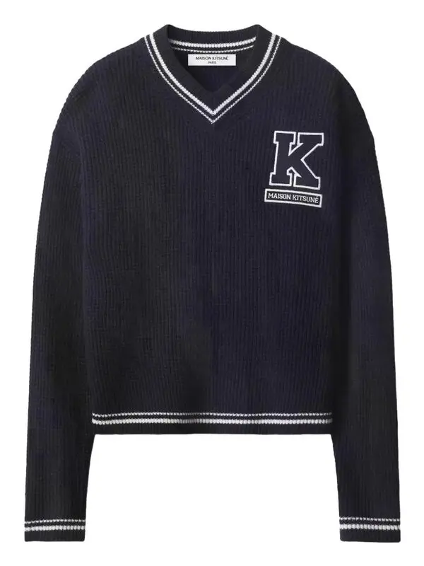 Maison Kitsuné Logo-patch V-neck Sweater - Blue