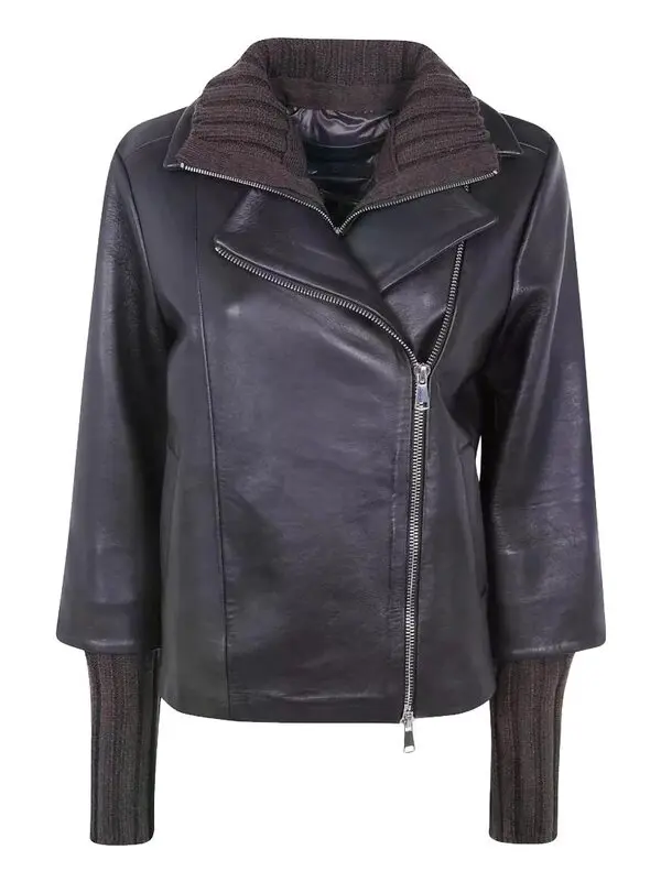 THE JACKIE LEATHERS Gemini Ribbed-knit Leather Jacket - Brown