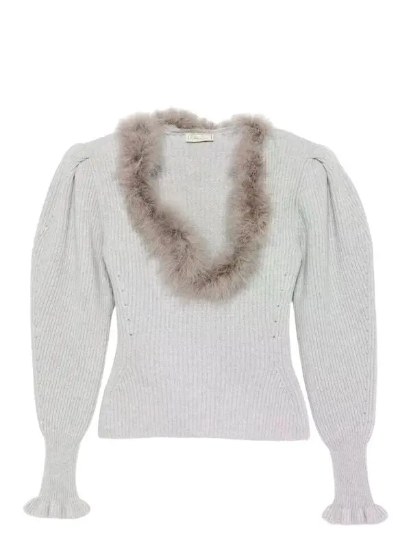 Blumarine Feather-trim Puff-sleeve Sweater - Grey