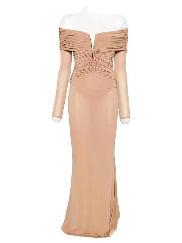 Elisabetta Franchi Ruched Off-shoulder Maxi Dress - Neutrals