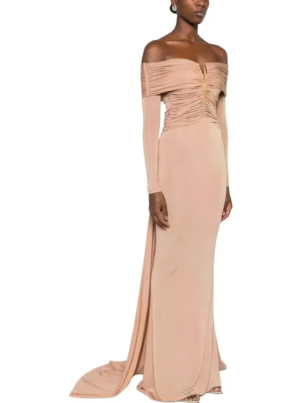 Elisabetta Franchi Ruched Off-shoulder Maxi Dress - Neutrals