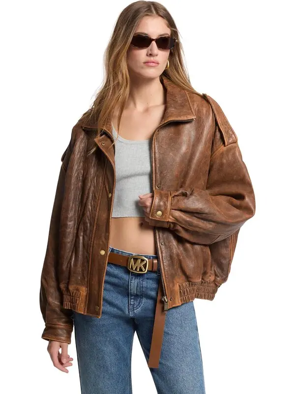 Michael Kors Oversized Burnished Leather Jacket In Size By - Brown