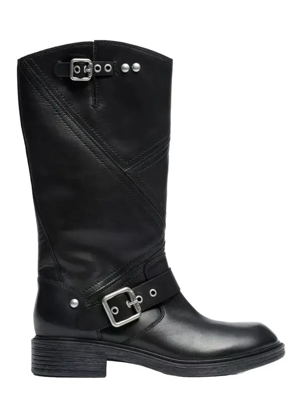 Ash Fuchsia Buckled Leather Biker Boots - Black