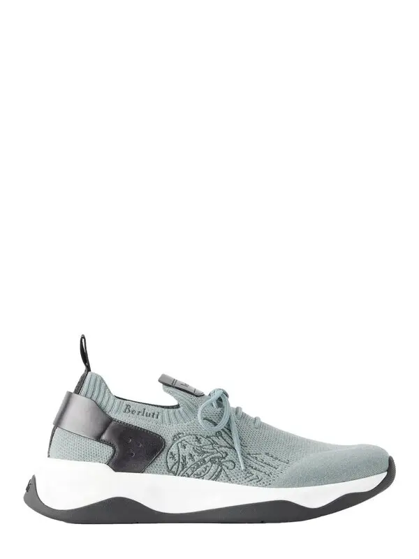 Berluti Shadow Leather-trimmed Stretch-knit Sneakers - Blue