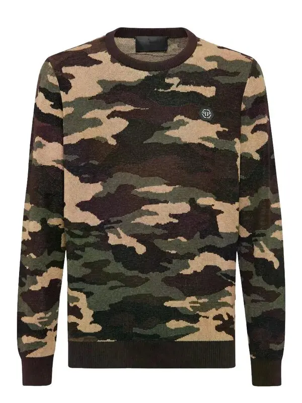 Philipp Plein Camouflage-print Merino Wool Sweater - Brown