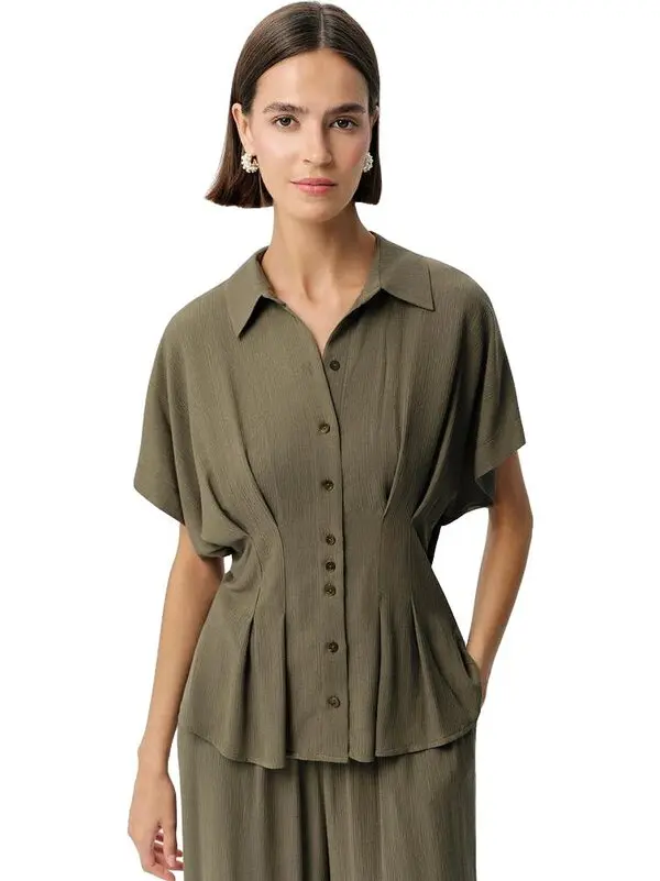 EXQUISE Loni Crinkle Shirt - Khaki