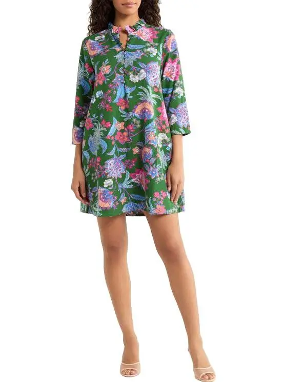 SUGARLIPS Elara Floral Ruelle Ruffle Neck Minidress - Emerald-multi
