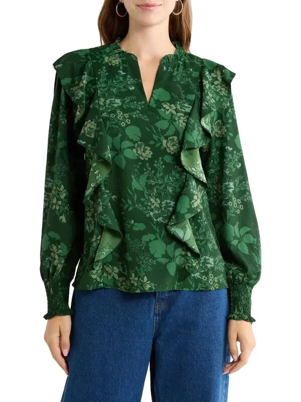 SUGARLIPS Woodland Floral Print Ruffle Top - Emerald-multi