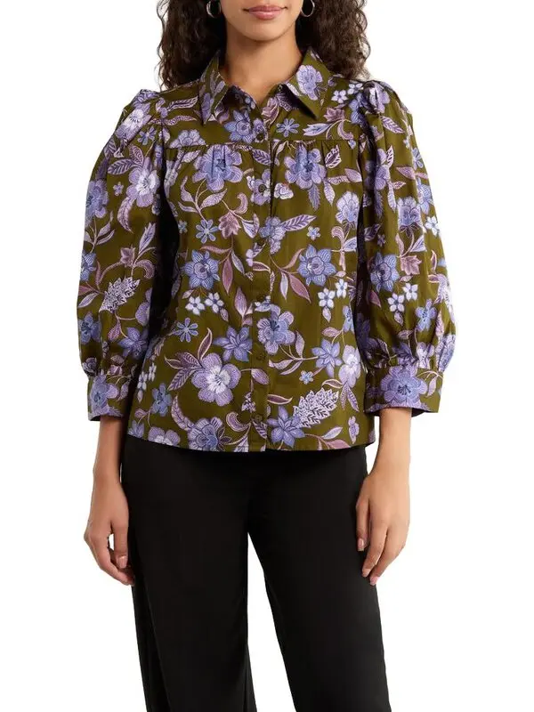SUGARLIPS Fae Front Button Shirt - Olive-lavender