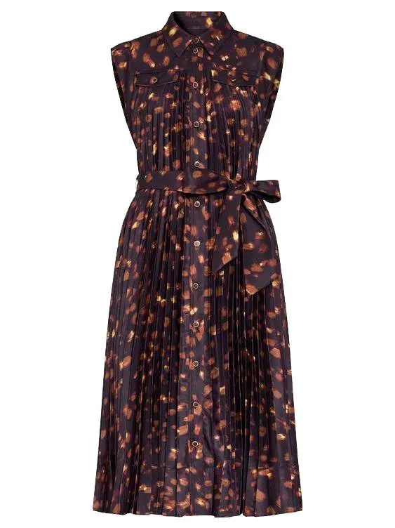 MILLY Johanna Printed Pleated Midi Dress - Brown Multi