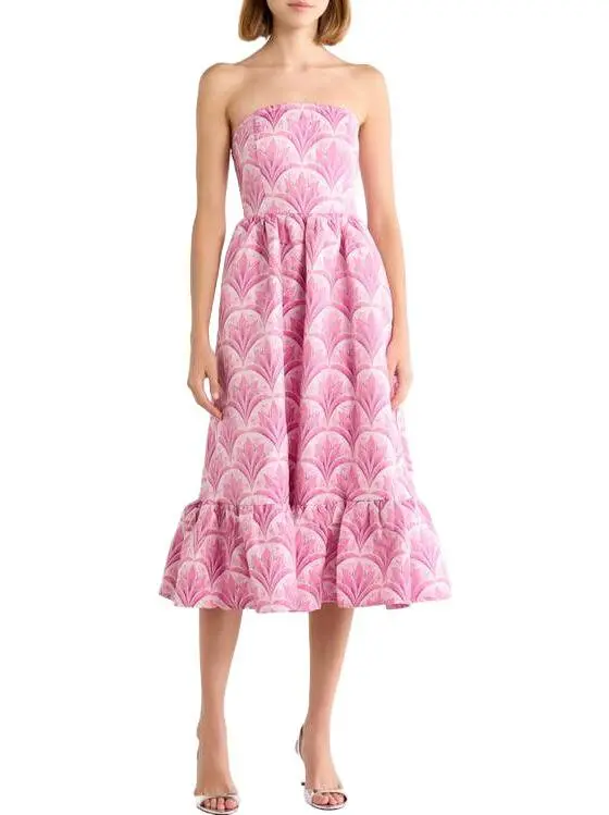 SUGARLIPS Aurra Floral Jacquard Tiered Strapless Midi Dress - Pink Multi