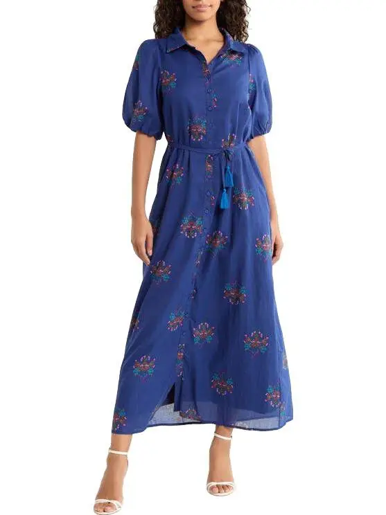 SUGARLIPS Arelia Floral Tie Waist Button-up Midi Shirtdress - Navy-multi
