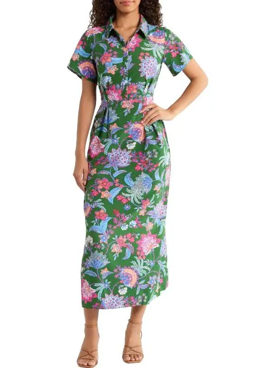 SUGARLIPS Elara Floral Print Shirtdress - Emerald-multi