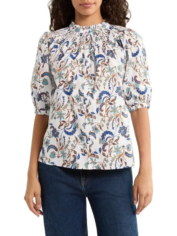 SUGARLIPS Ralston Smocked Floral Cotton Button-up Top - Off-white-multi