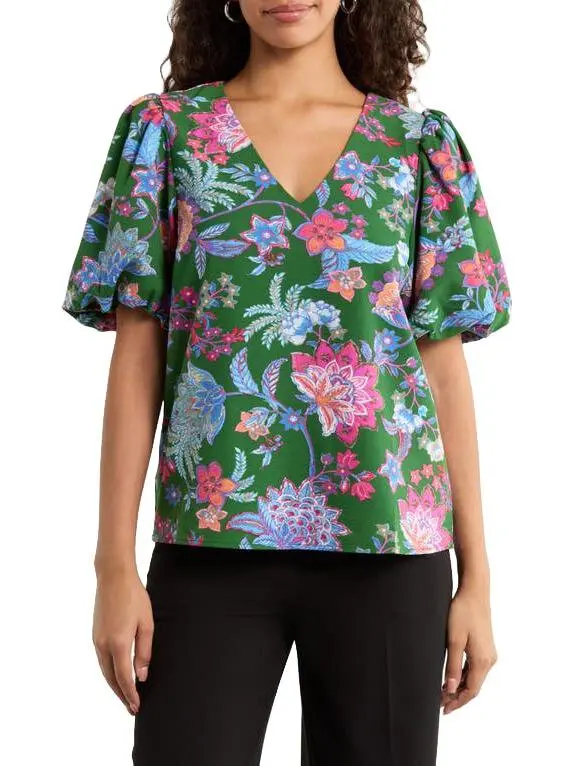 SUGARLIPS Elara Floral Puff Sleeve Top - Emerald-multi