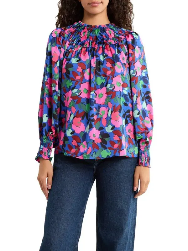 SUGARLIPS Vivi Floral Print Smocked Top - Cobalt-multi