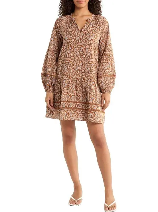 SUGARLIPS Ramsey Ditsy Floral Print Long Sleeve Minidress - Brown Multi
