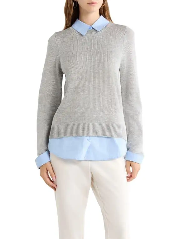 SUGARLIPS Azira Mixed Media Layered Sweater - Light Grey Multi