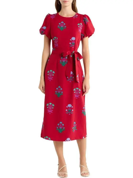 SUGARLIPS Senidy Puff Sleeve Midi Dress - Burgundy-multi